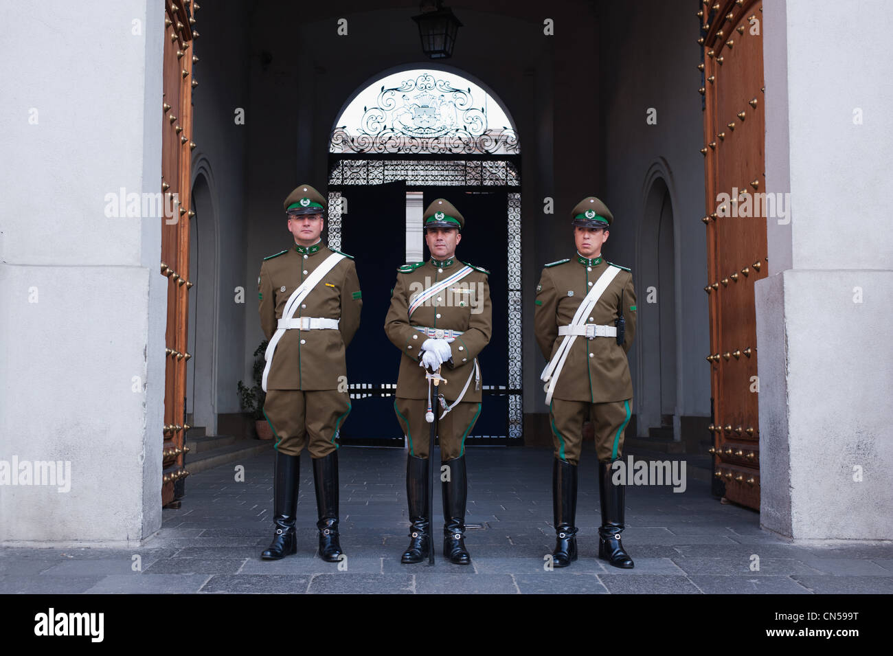Chile, Santiago de Chile, Guards at Palacio de la Moneda Stock Photo ...