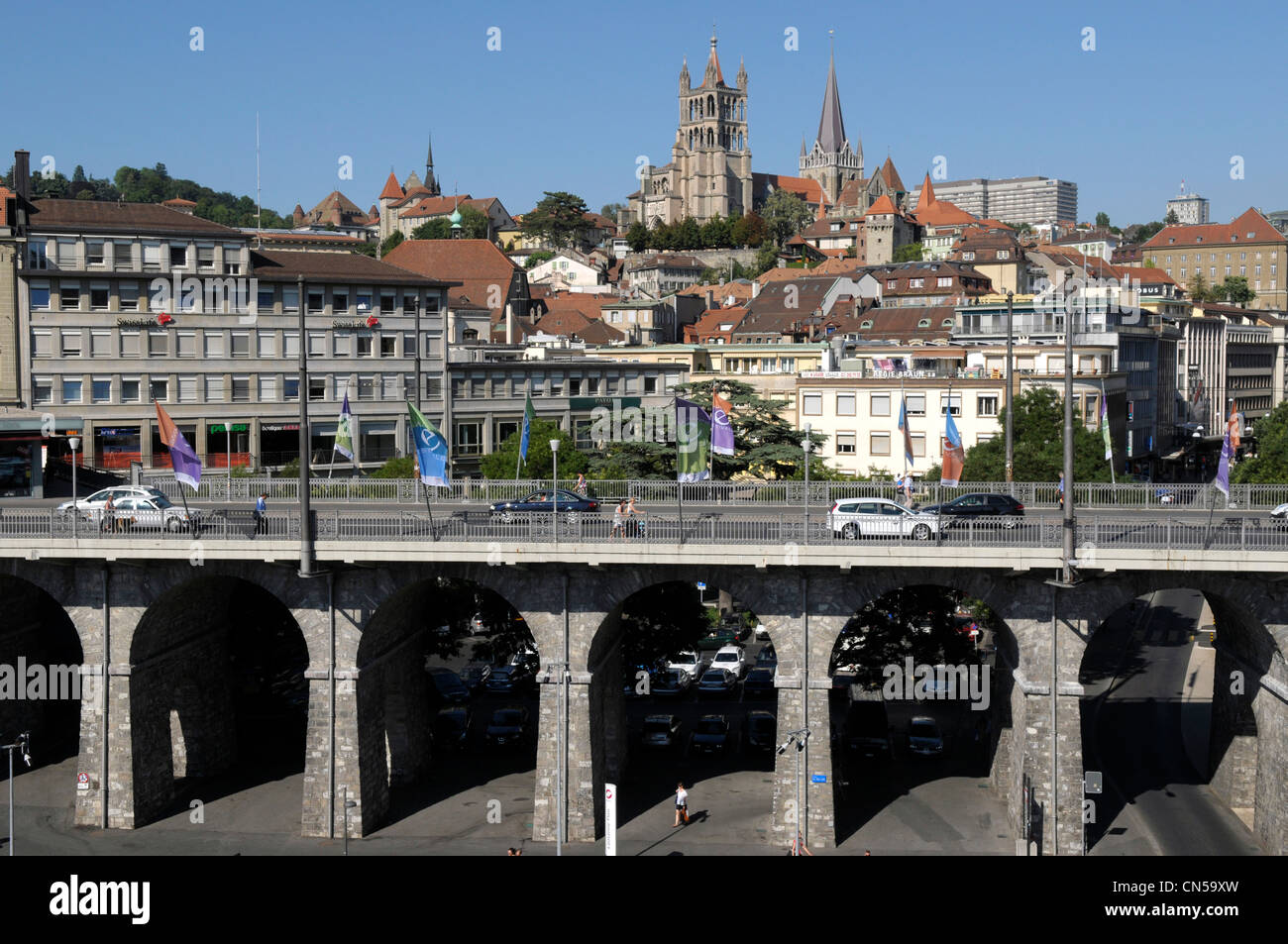 Switzerland, Canton of Vaud, Lausanne, Great Bridge and Notre Dame ...
