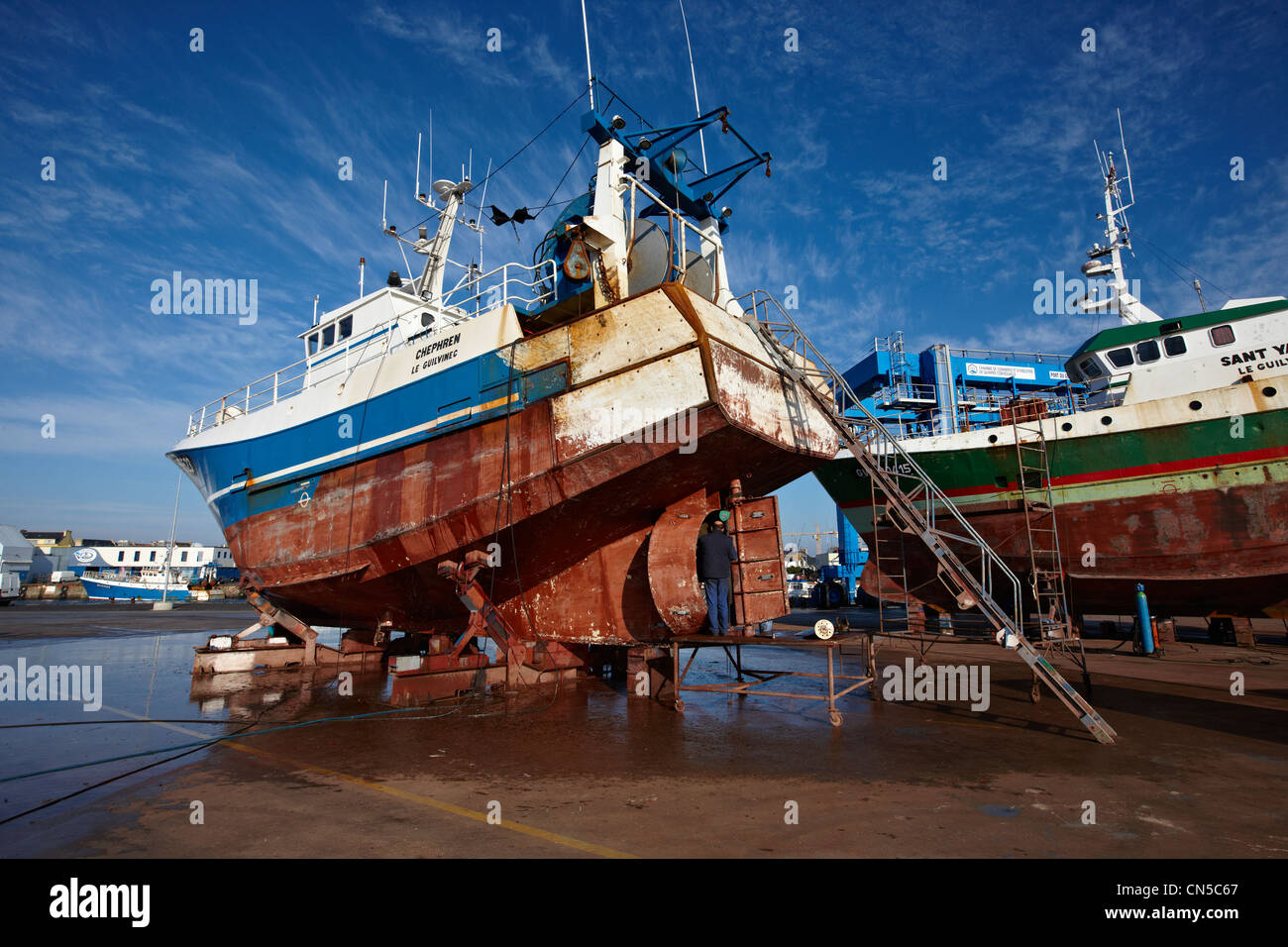 France, Finistere, Le Guilvinec, worker on trawler ashore Stock Photo ...