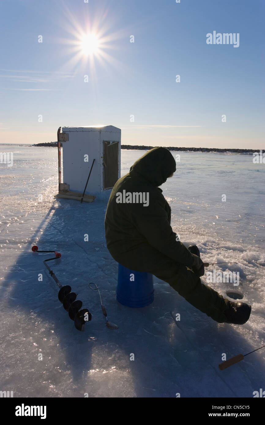 Ice Fishing, Gaspesie Region, Bonaventure, Quebec Stock Photo - Alamy