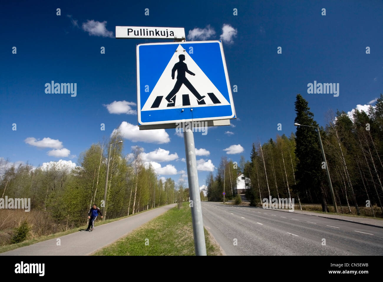 Finland, Lapland Province, Arctic Circle, Rovaniemi, signs along the ...