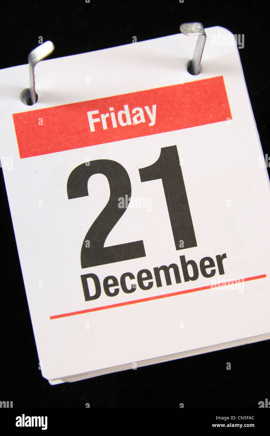 Small calender page for Friday 21st December 2012, on a black ...