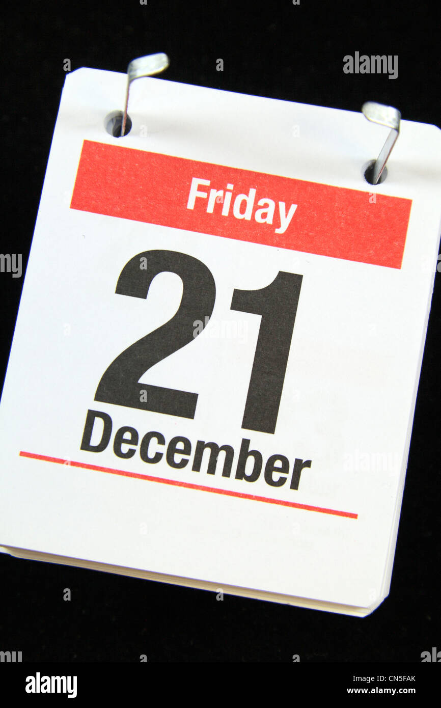 Small calender page for Friday 21st December 2012, on a black ...