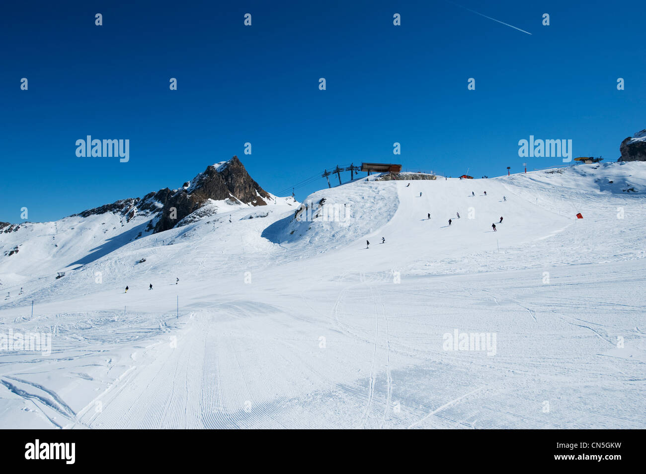 Wide blue run ski piste from the top of Les Blanchettes chairlift above ...