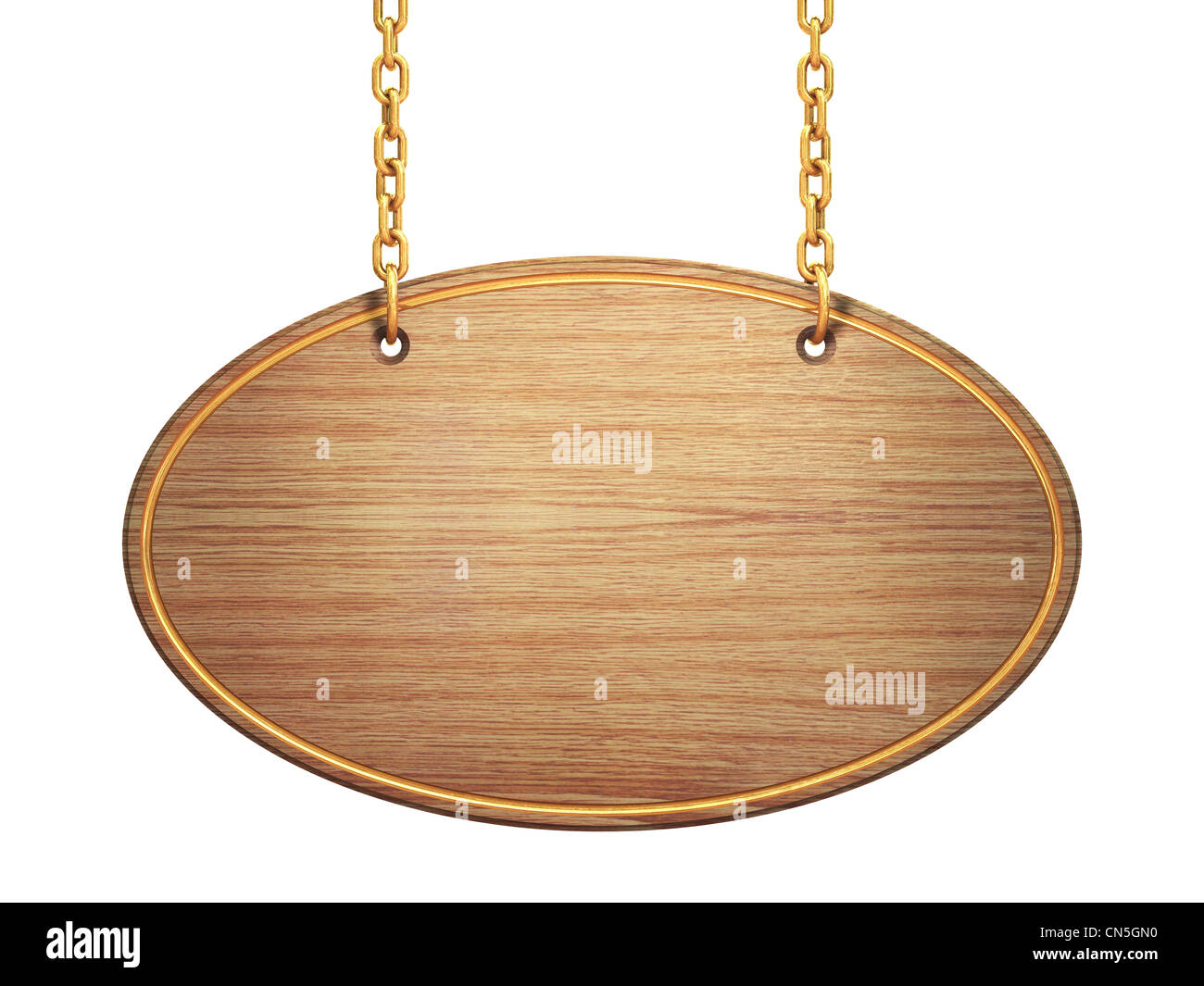 Blank oval wooden signboard hanging on brass chains , isolated on white ...