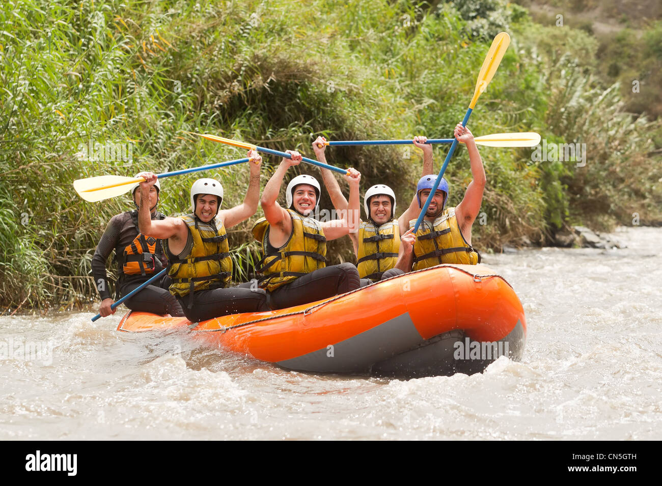 Group Of Power Young Man On A Rafting Boat Patate River Ecuador Shoot ...