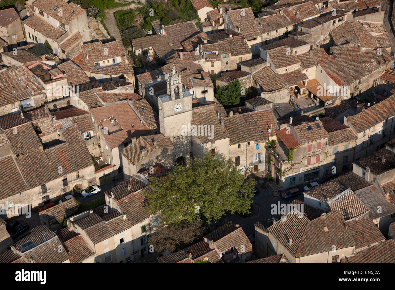 France, Vaucluse, Luberon Valley d'Aigues, Cucuron village (aerial view ...