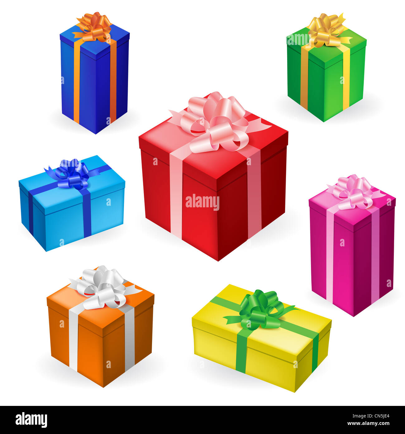 illustration of 7 different gift boxes with ribbon Stock Photo - Alamy