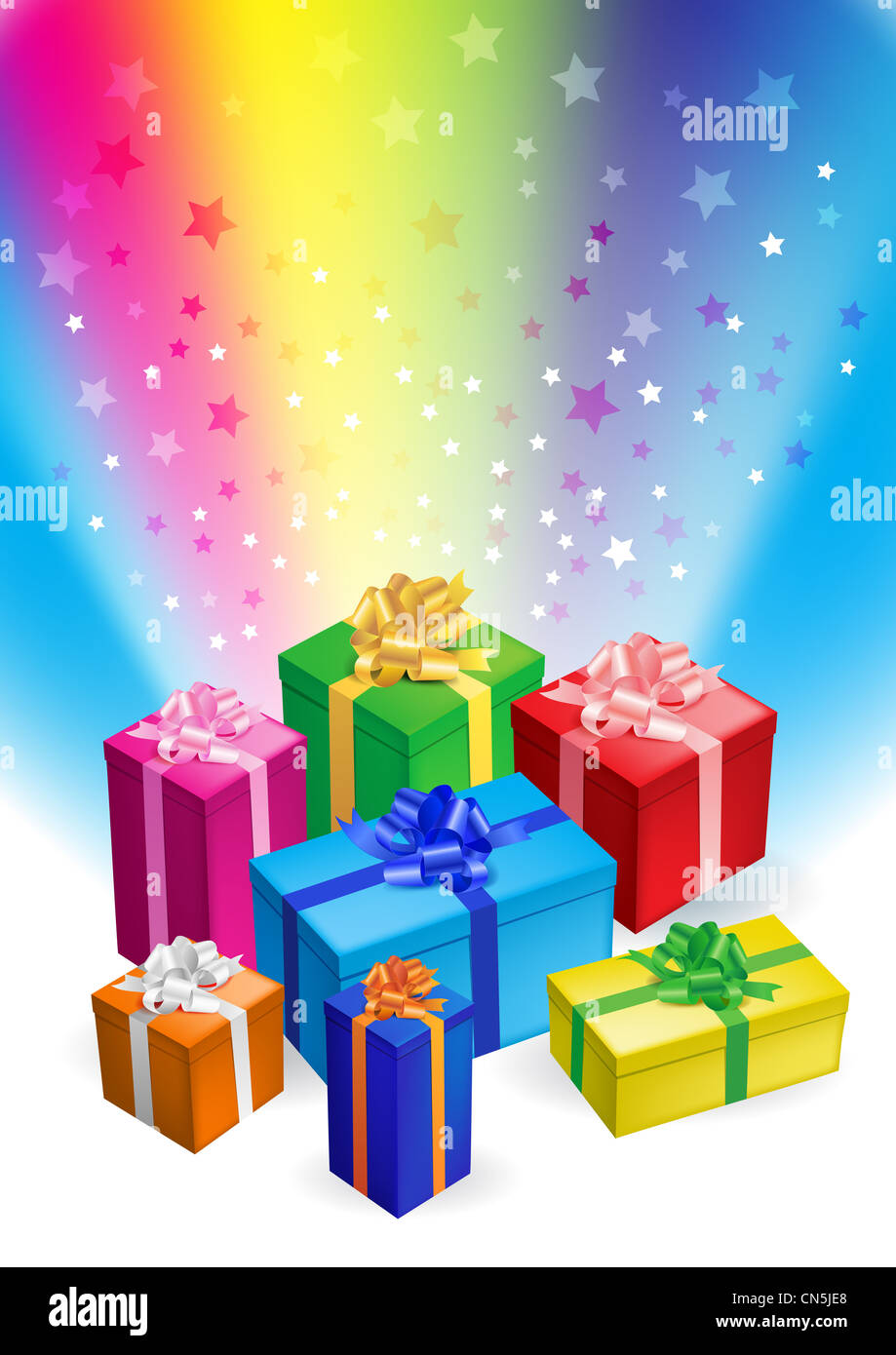 editable illustration of different magic gift boxes with ribbon Stock ...