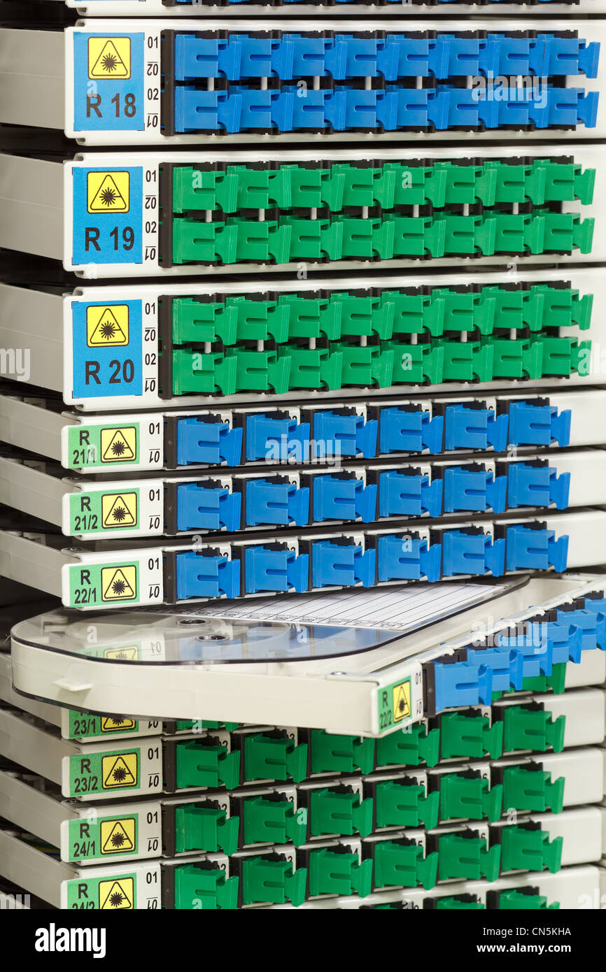 fiber optic cable management system with green and blue SC connectors ...