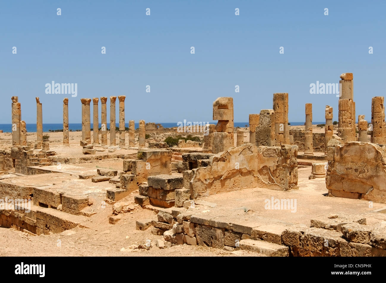 Ptolemais. Cyrenaica. Libya. View of the columns and ruins of the ...