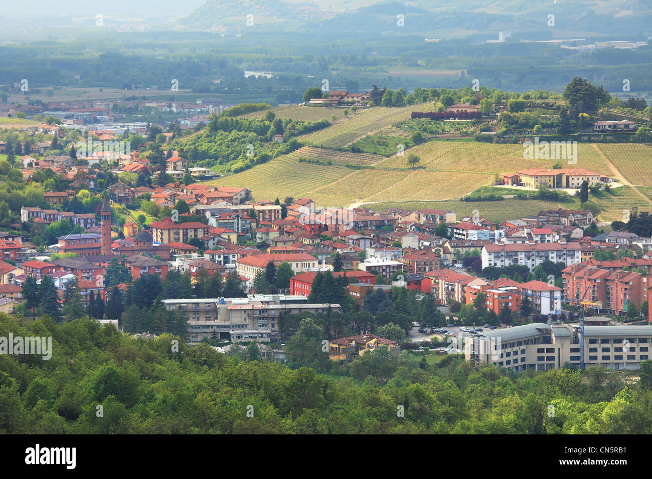 Aerial view on town of Alba among hills in Piedmont, northern Italy ...