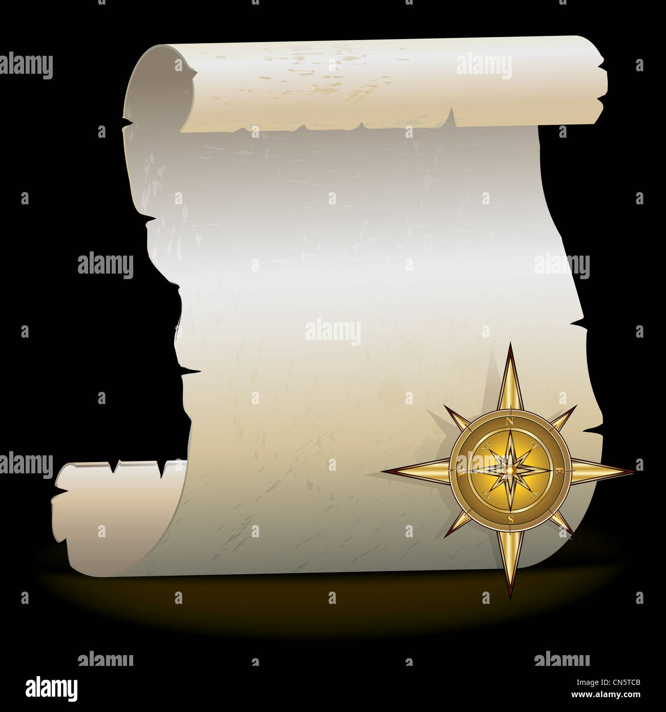 Gold compass and old parchment with space for text, vector illustration ...