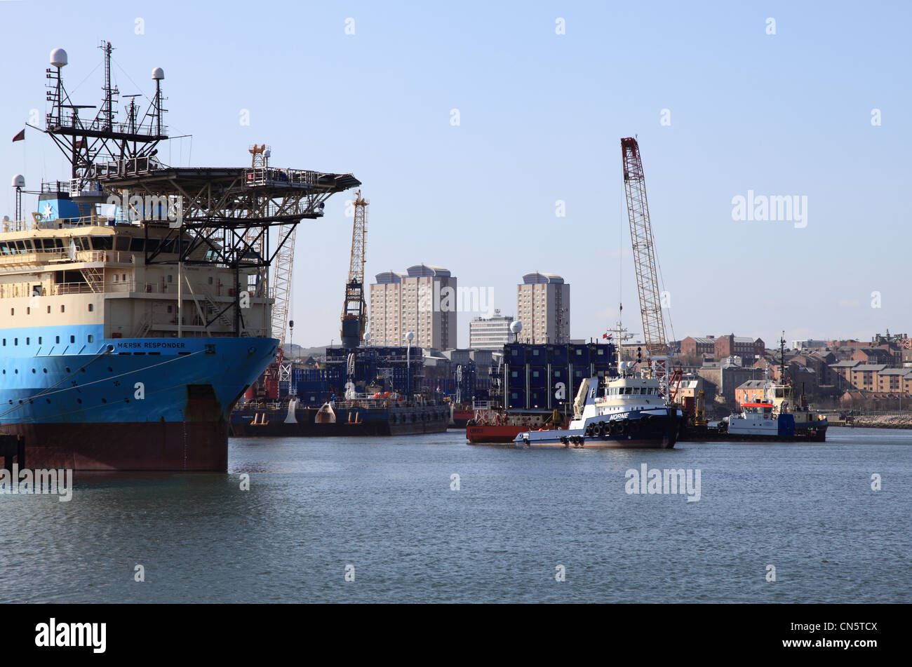 Tugs and offshore barges in the river Wear Sunderland preparing for the ...