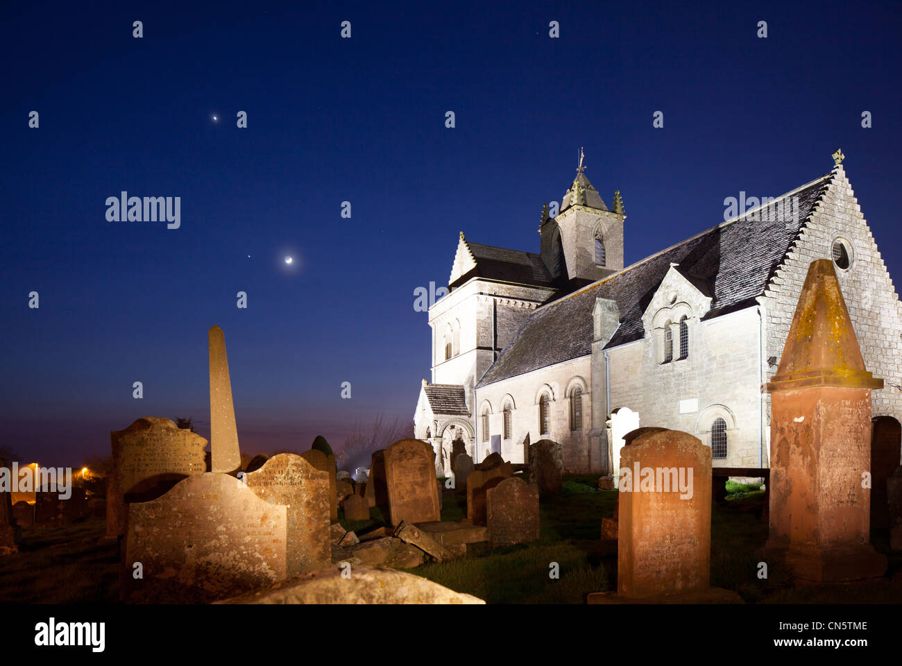 Night time, long exposure image of a church and graveyard at Chirnside ...