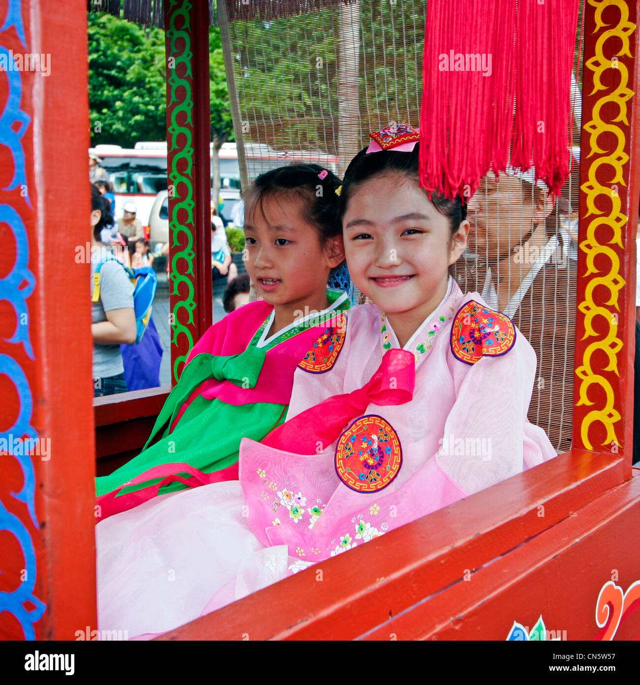 South Korea, Seoul, Insadong Disctrict, two young girls wearing Korean ...