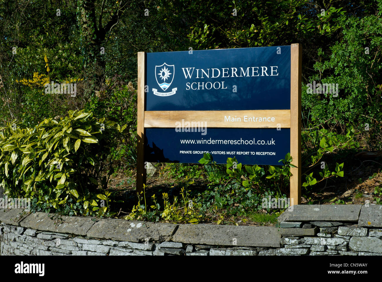 Sign at entrance of Windermere School, Lake District National Park ...