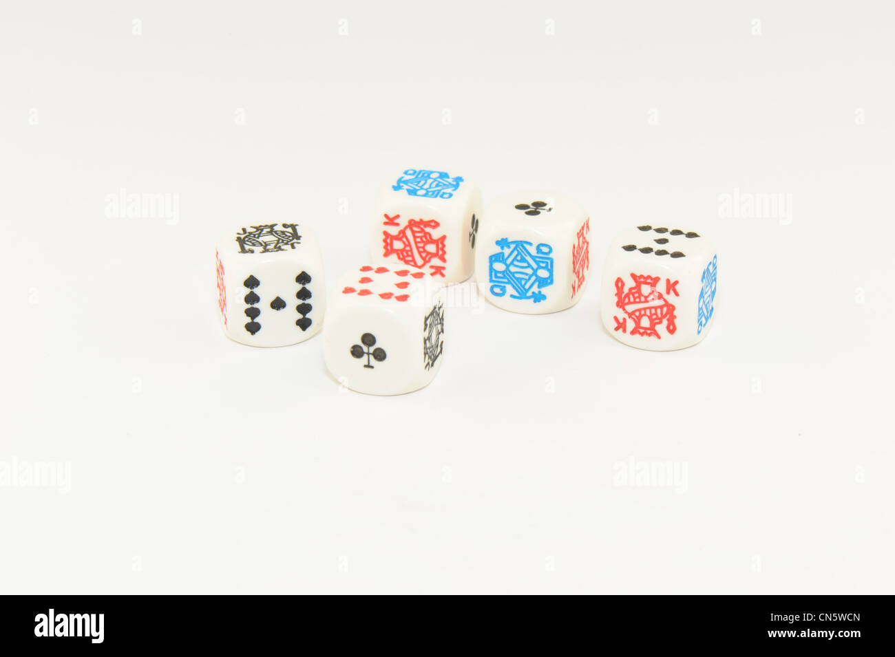 poker dice taken on a white background showing different faces Stock ...