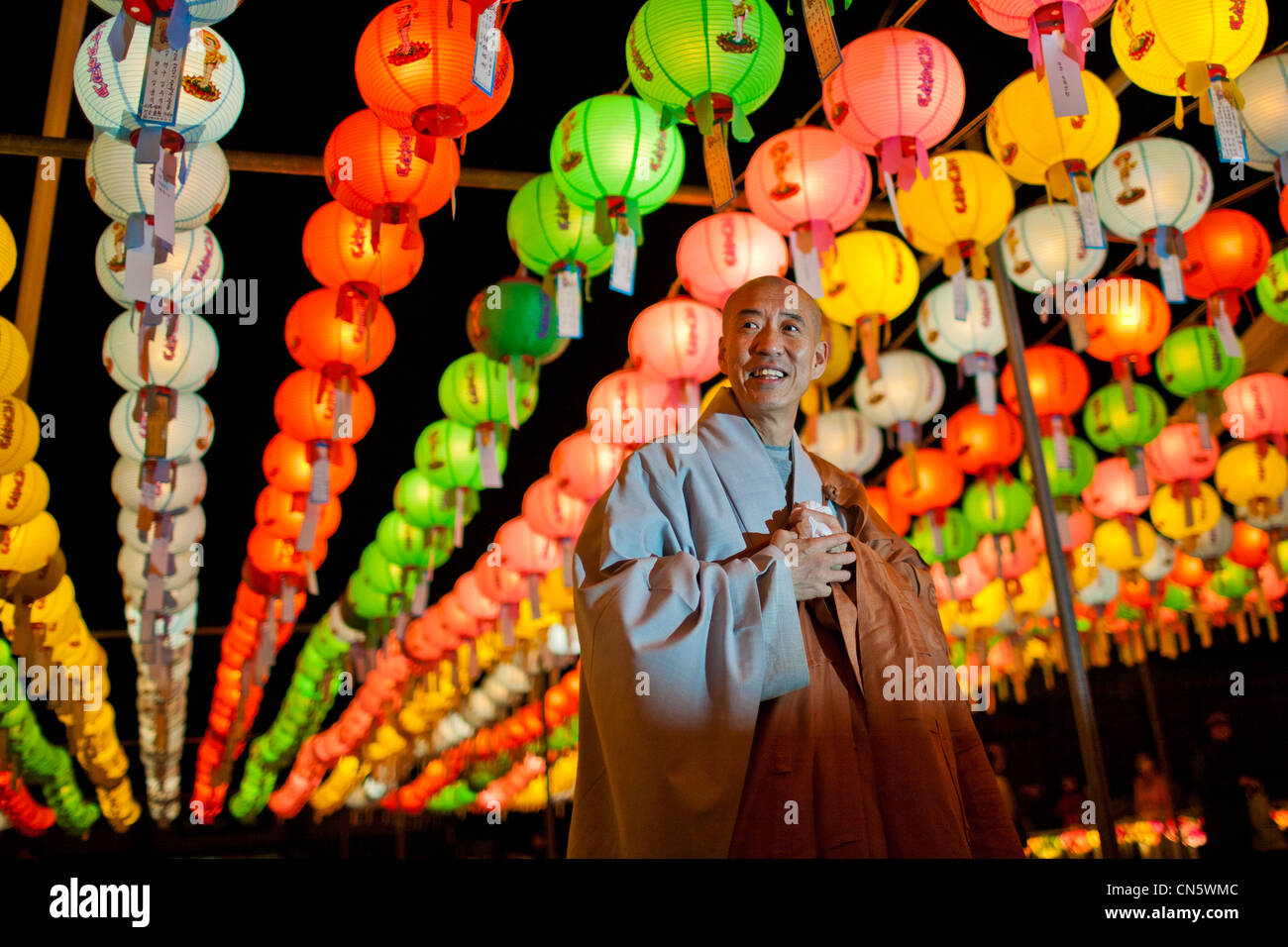 South Korea, South Gyeongsang Province, Haein Buddhist Temple, monk in ...