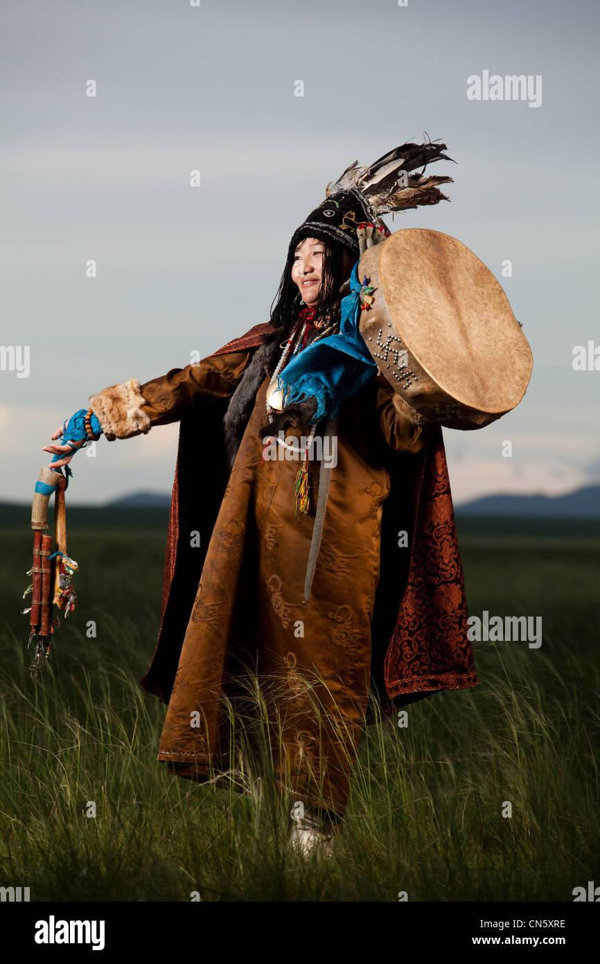 Portrait of Mongolian shaman , khuduu aral, khentii province, Mongolia ...
