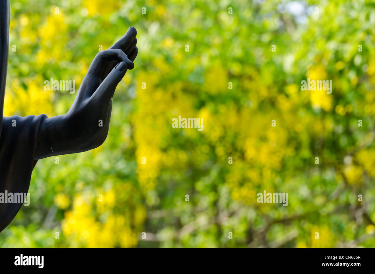 Hand of Buddha statue in Thailand's temple and yellow background Stock ...