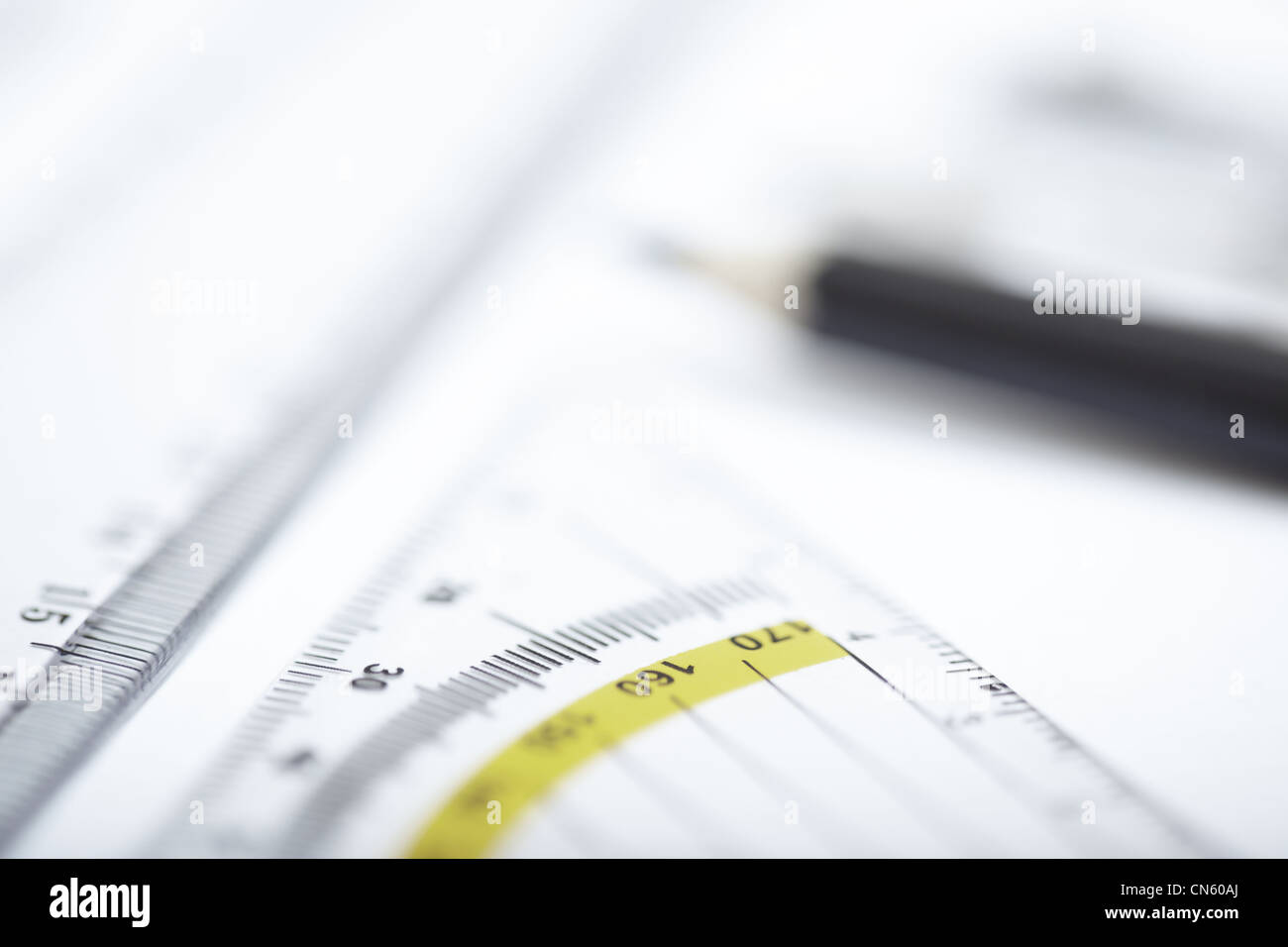 Drawing tools on a paper. Extremely close-up photo with shallow depth ...