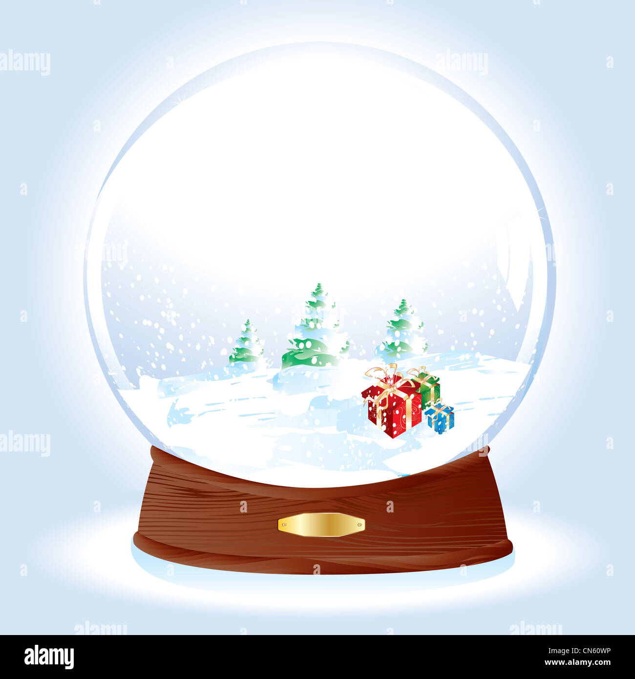 Realistic vector illustration of an snow-dome with pine trees landscape ...