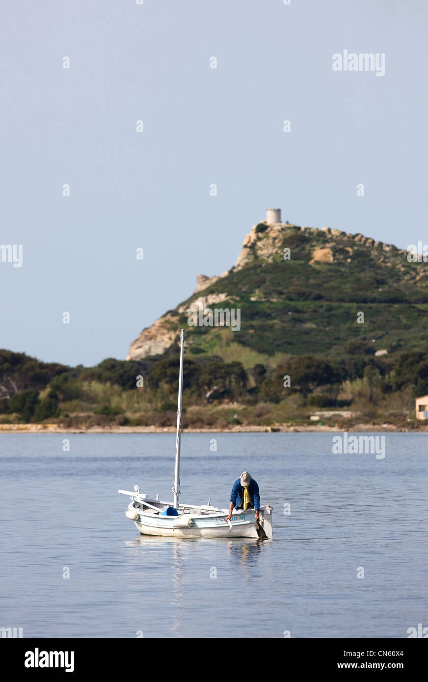 France, Var, Ile des Embiez, fisherman and Tour de la Marine (the ...