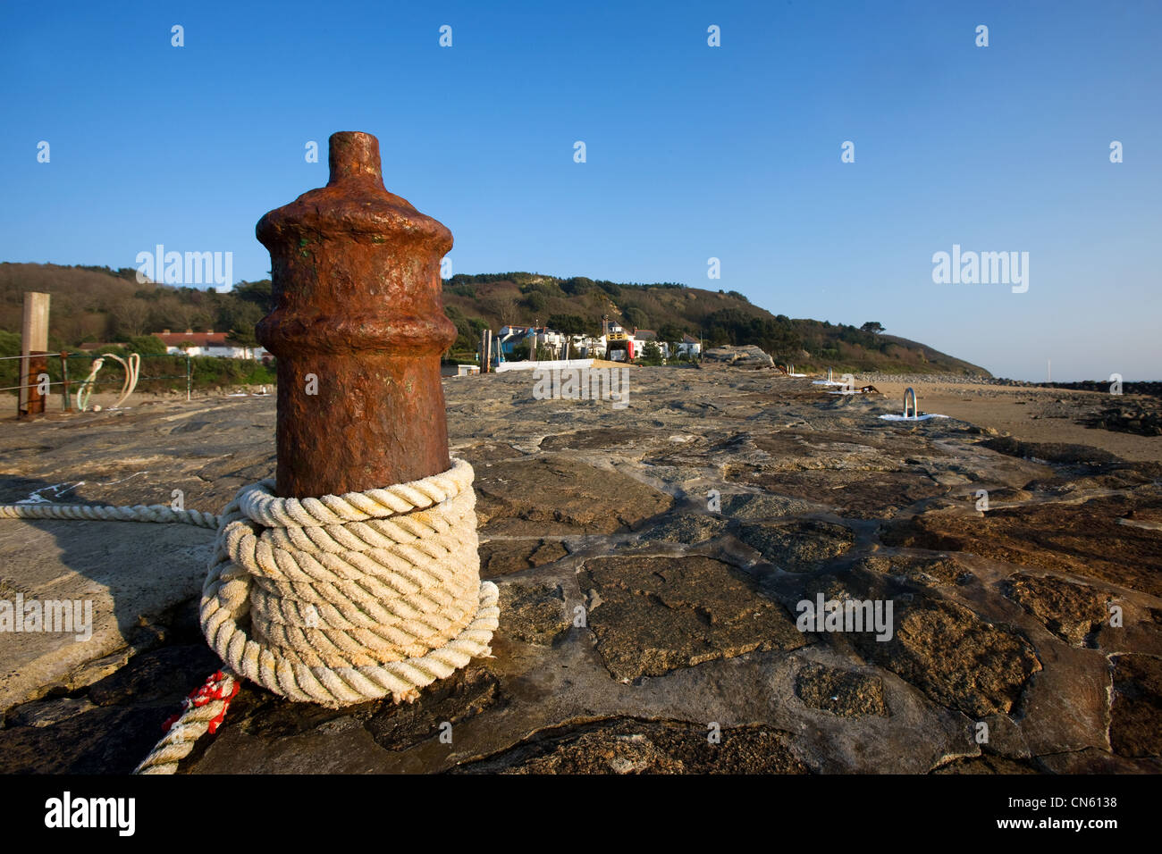 United Kingdom, Channel Islands, Herm Island, dike at low tide Stock ...
