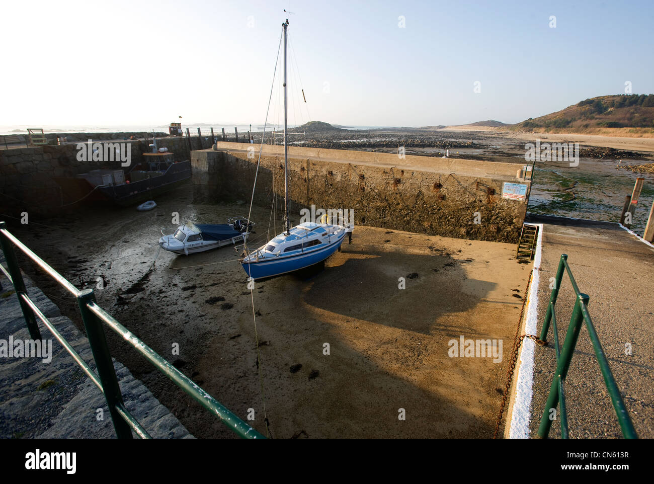 United Kingdom, Channel Islands, Herm Island, the harbour at low tide ...