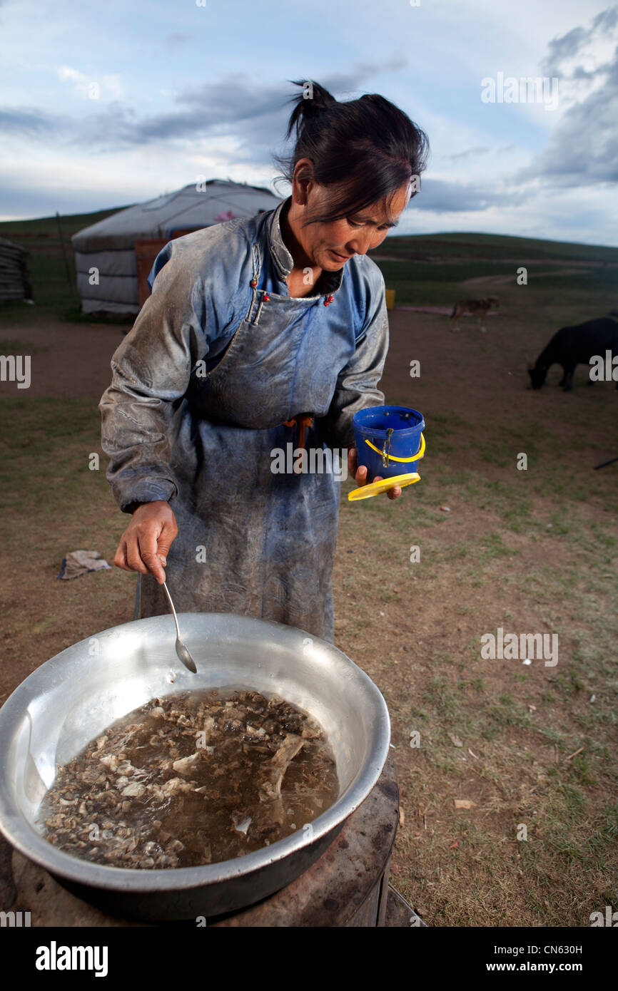 Mongolian woman cooking outside kitchen , Mongolia Stock Photo - Alamy
