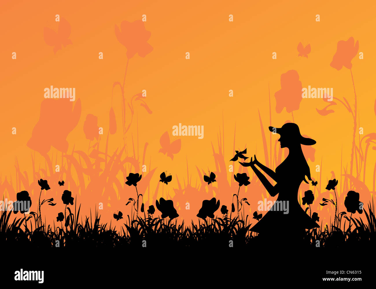spring silhouettes of a girl and bird, vector illustration Stock Photo ...