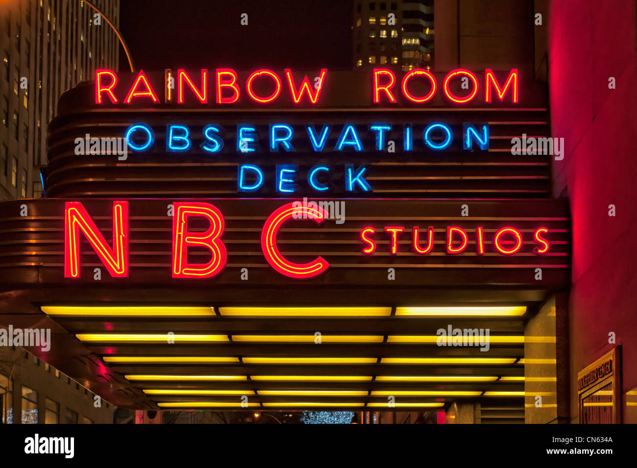 Neon Sign on 30 Rockefeller Center Entrance overhang, with NBC Sudios ...