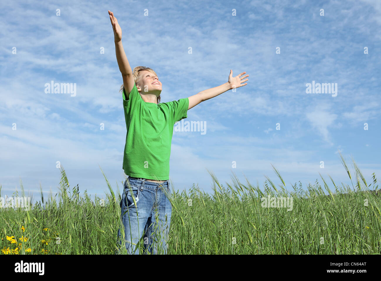 happy child arms raised praising the skies in summer Stock Photo - Alamy