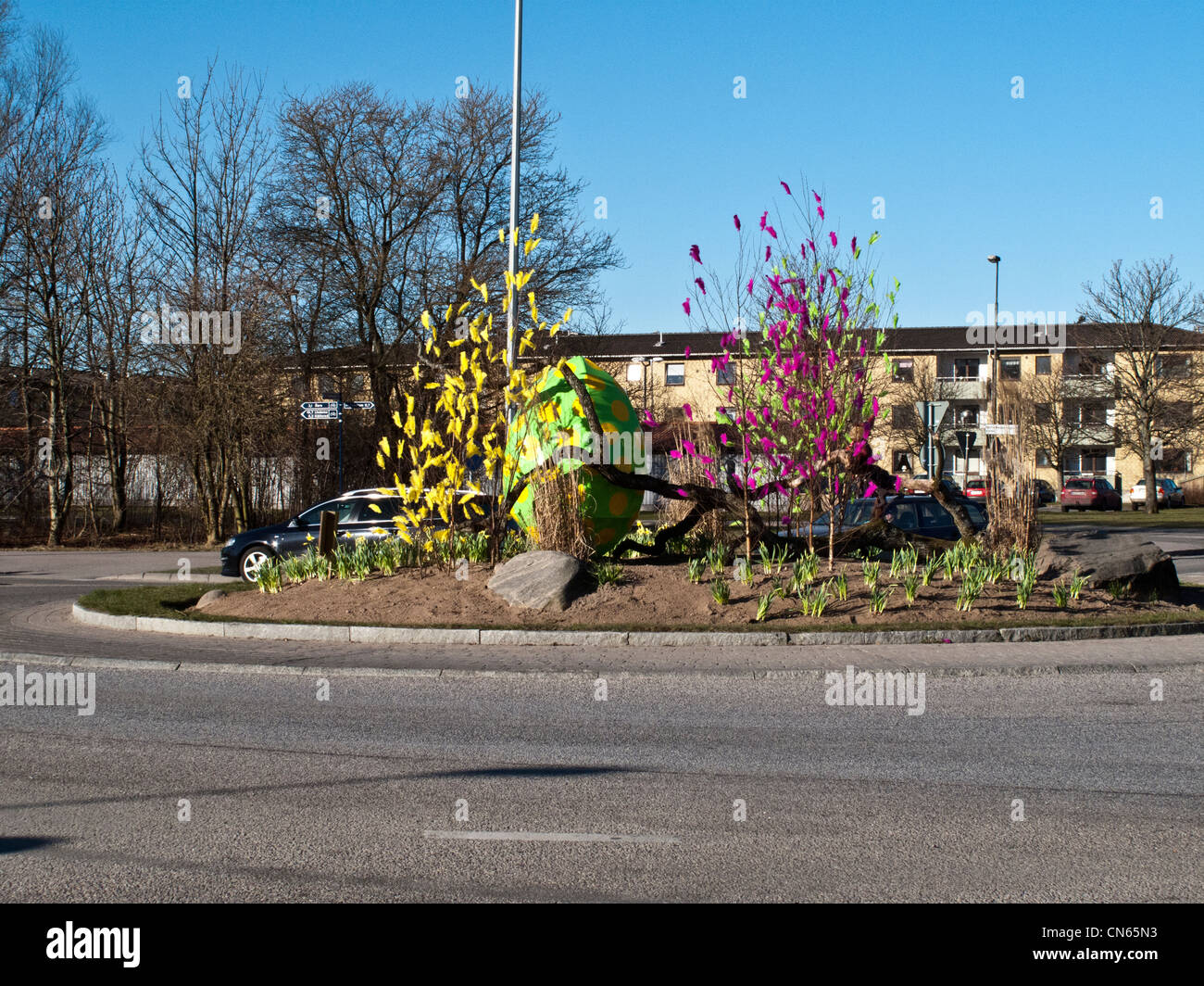 Easter feathers decorations at a roundabout in Sweden Stock Photo - Alamy