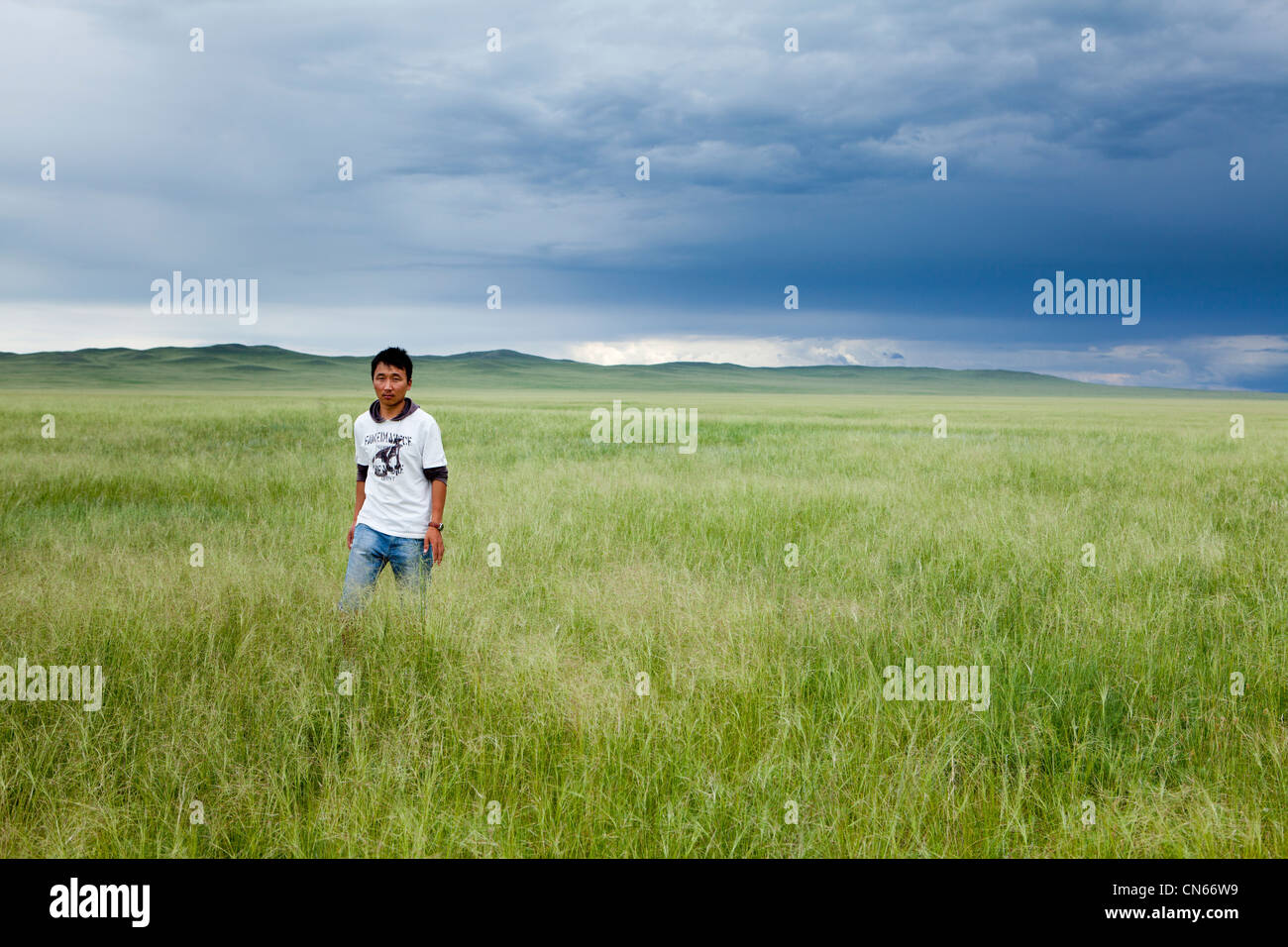 Landscape of Mongolian man on the steppe, khuduu aral, khentii province ...