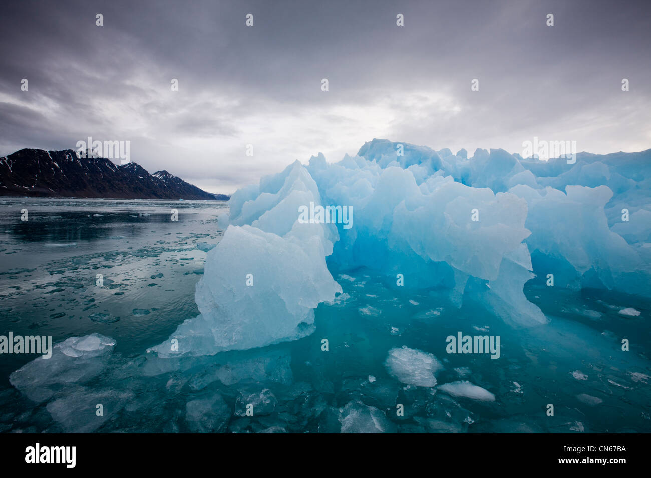 Norway Svalbard Spitsbergen Deep blue iceberg floating near face of ...