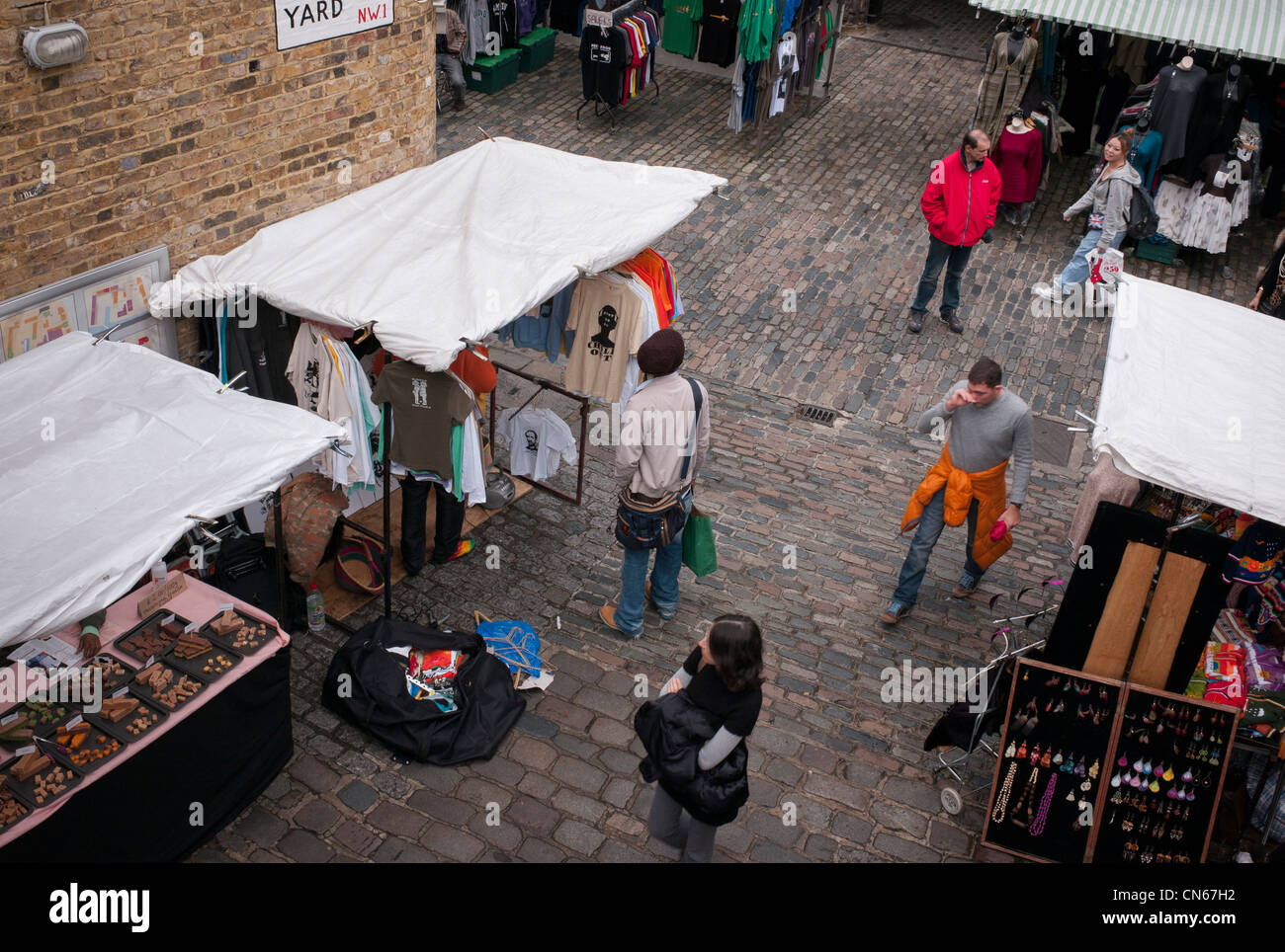 Aerial shot, photograph, of market stalls in Camden Market, Camden Town ...