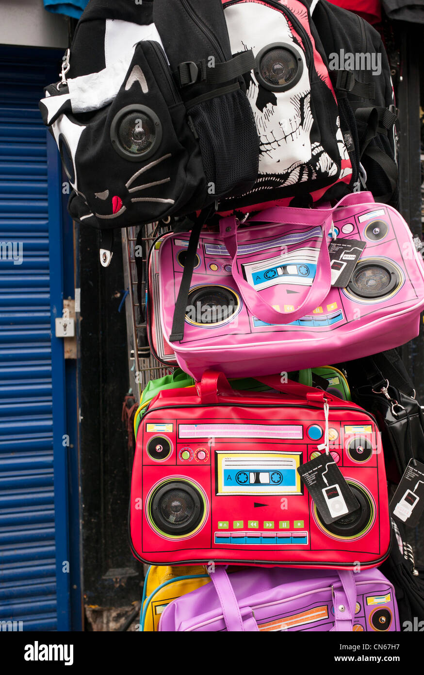 Funky bag display outside shop in Camden Market, Camden Town, London ...
