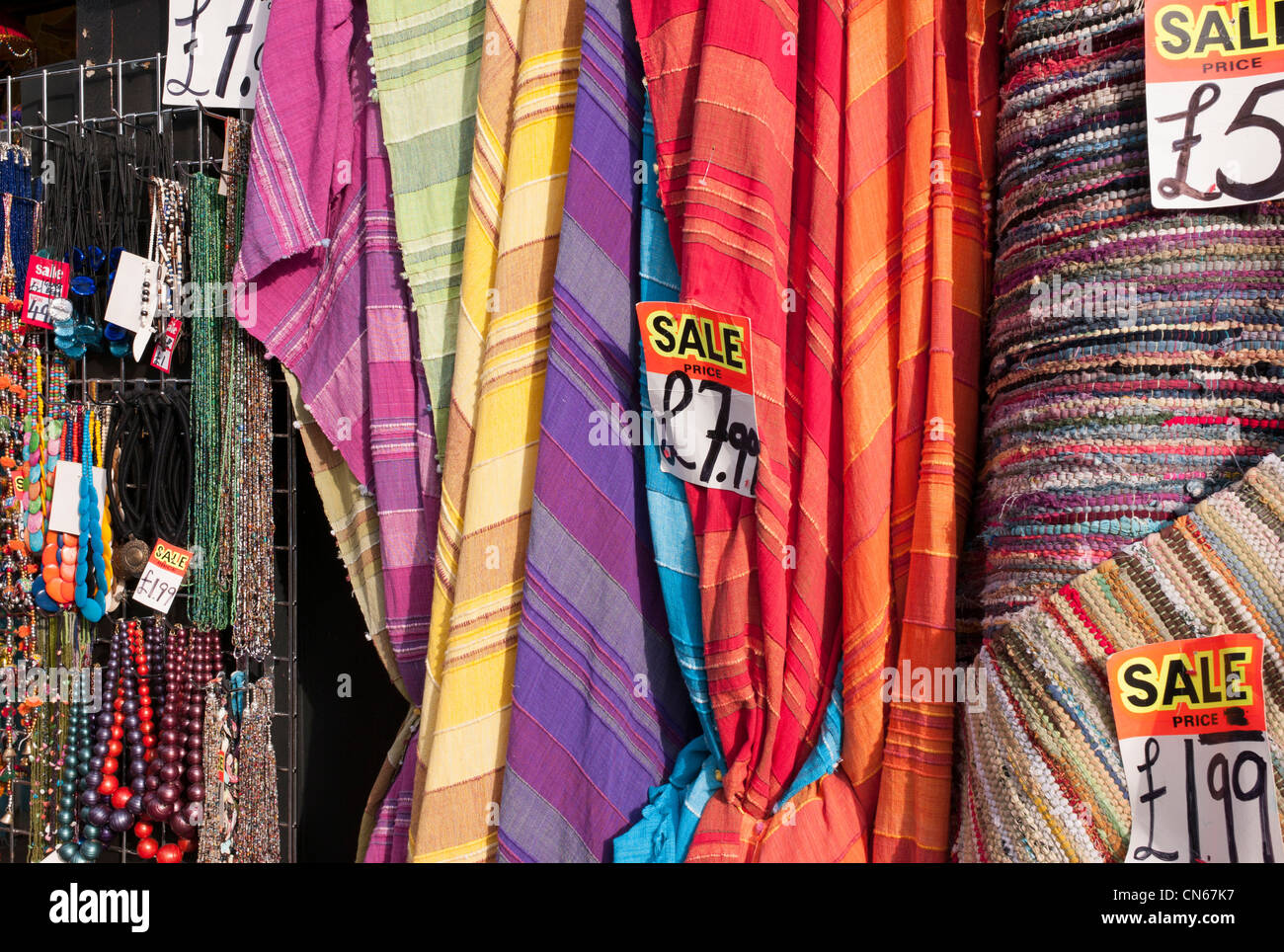 Indian material, and carpet stall at Camden Market, Camden Town, London ...