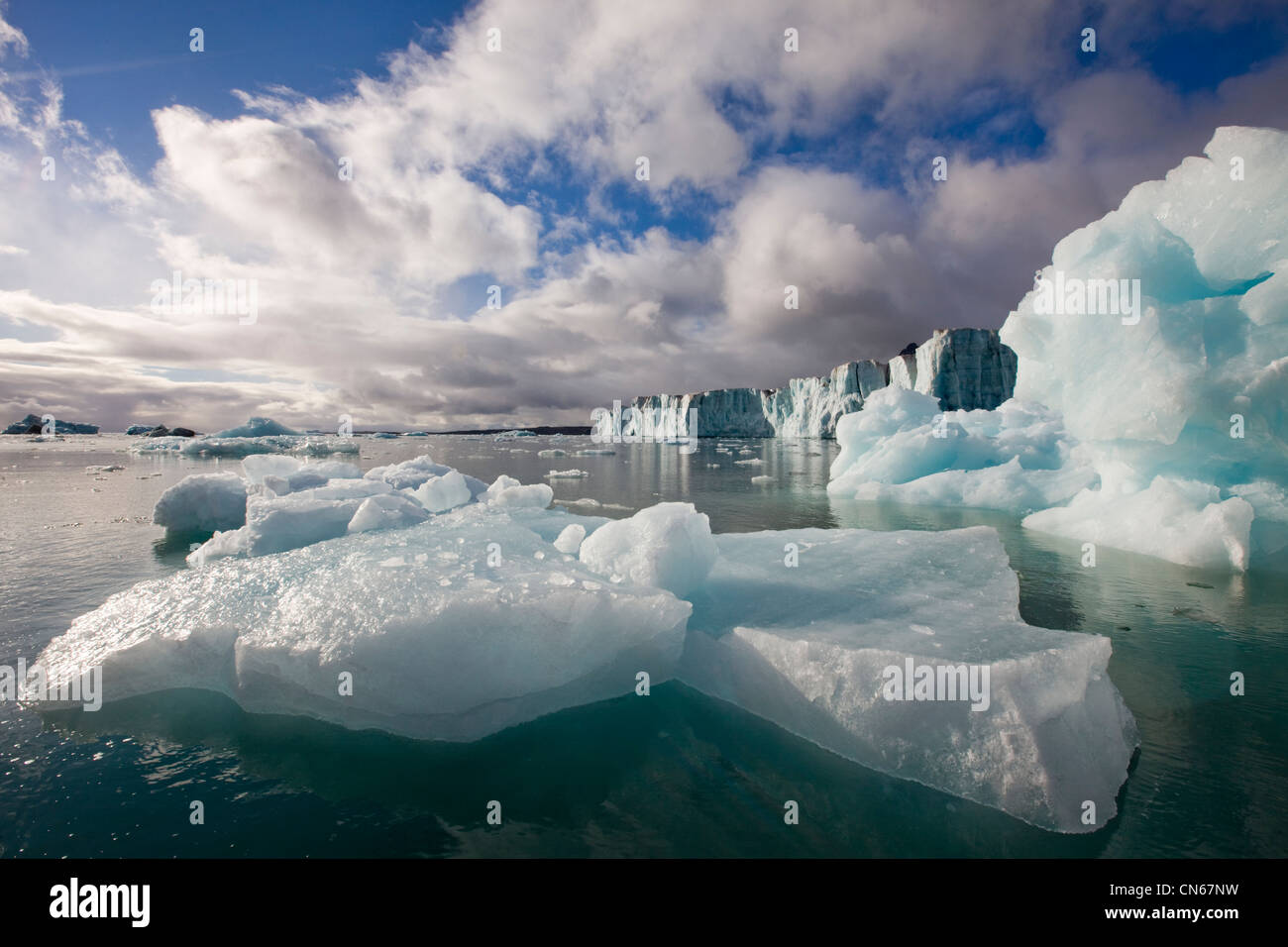 Norway Svalbard Spitsbergen Island Morning sun lights melting icebergs ...
