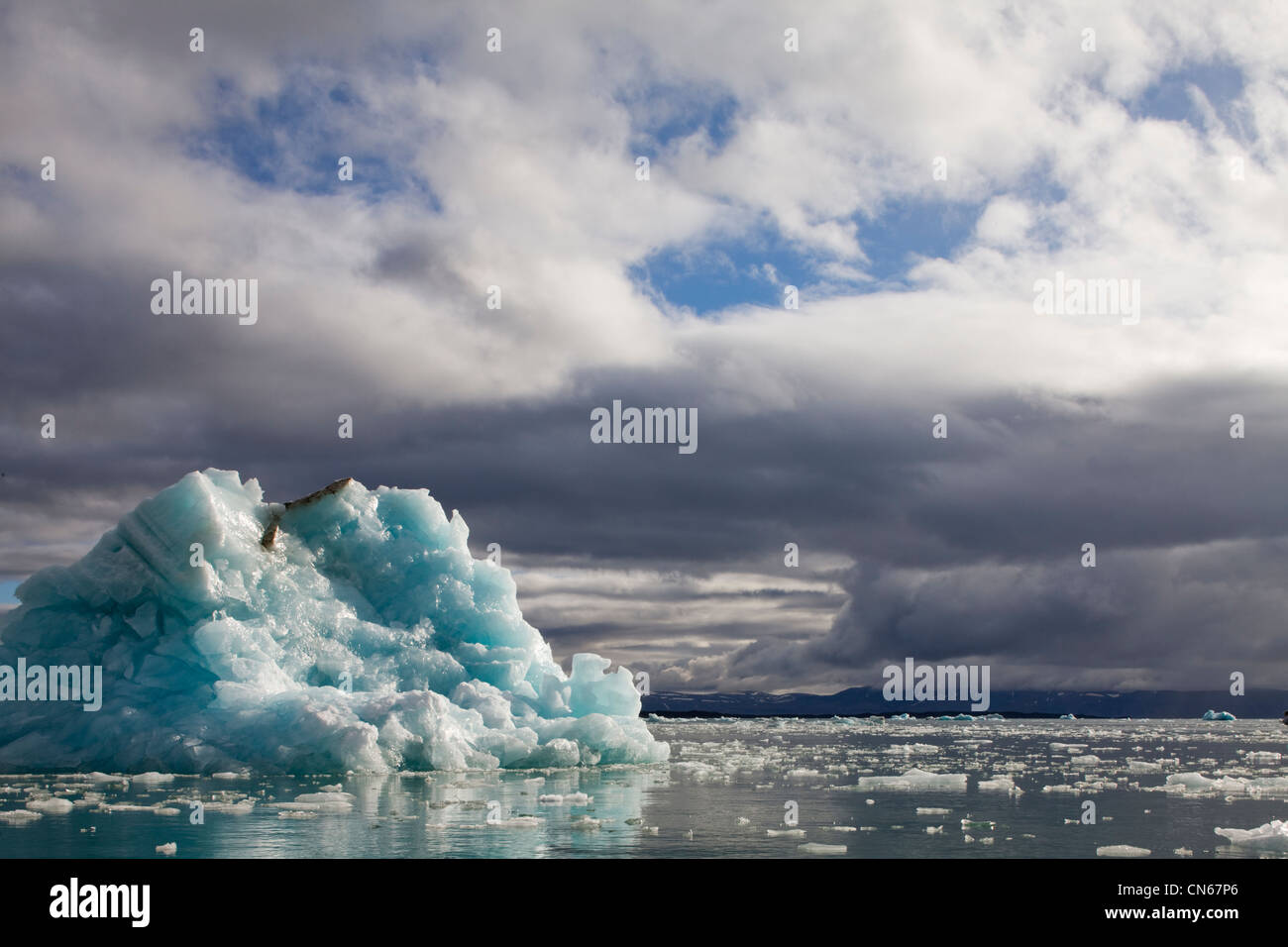Norway Svalbard Spitsbergen Island Morning sun lights deep blue iceberg ...