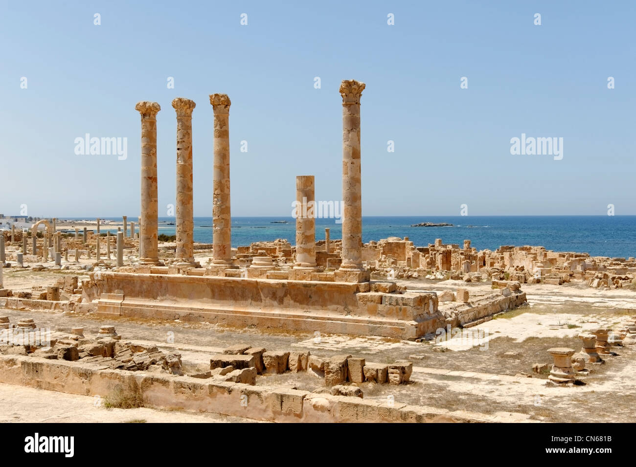 Sabratha. Libya. View of five re-erected columns of the Temple of Liber ...