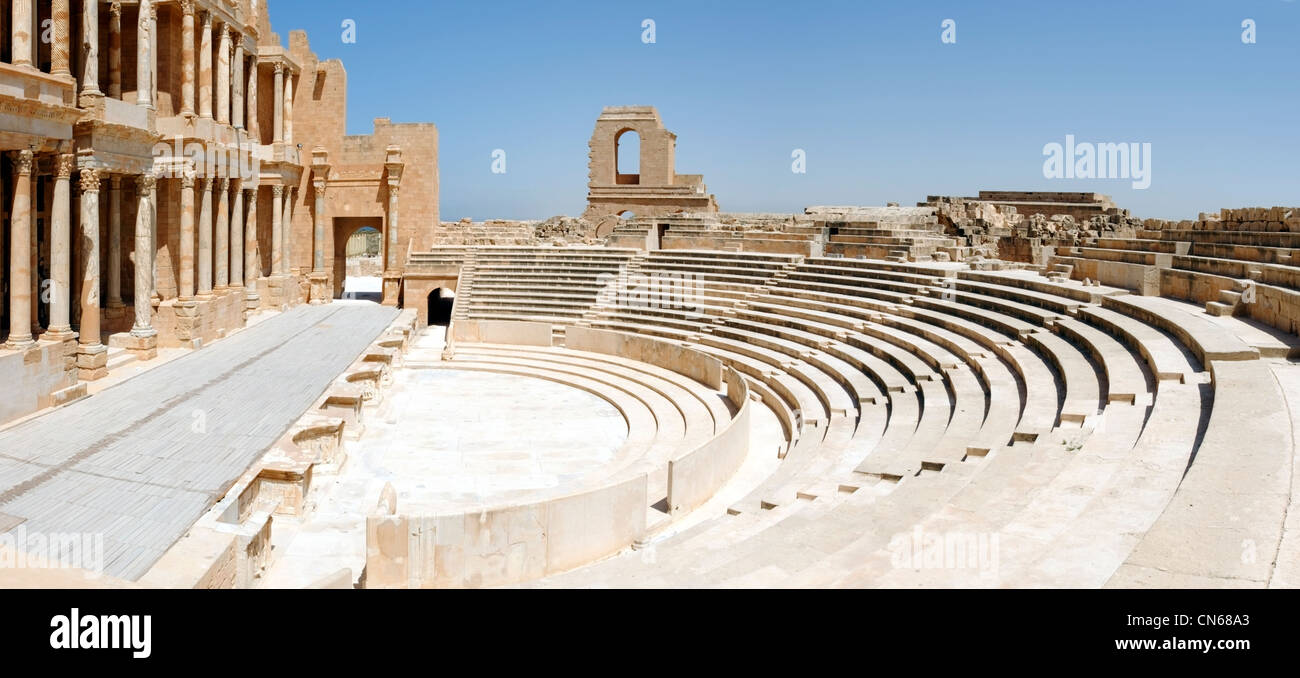 View of the stage building, orchestra section and semicircular cavea ...