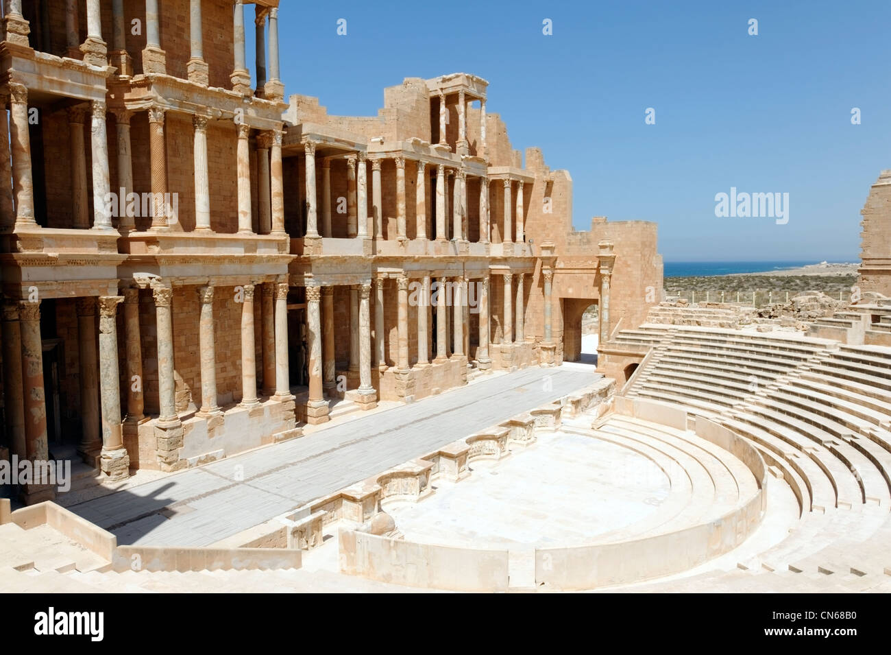 View of the stage building, orchestra section and semicircular cavea ...