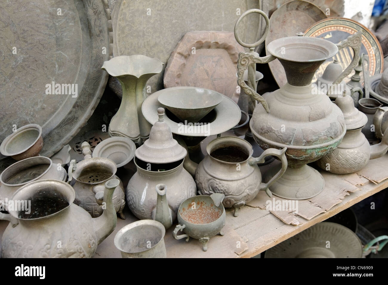 Tripoli. Libya. View of table of various ornate metal works in the Souq ...