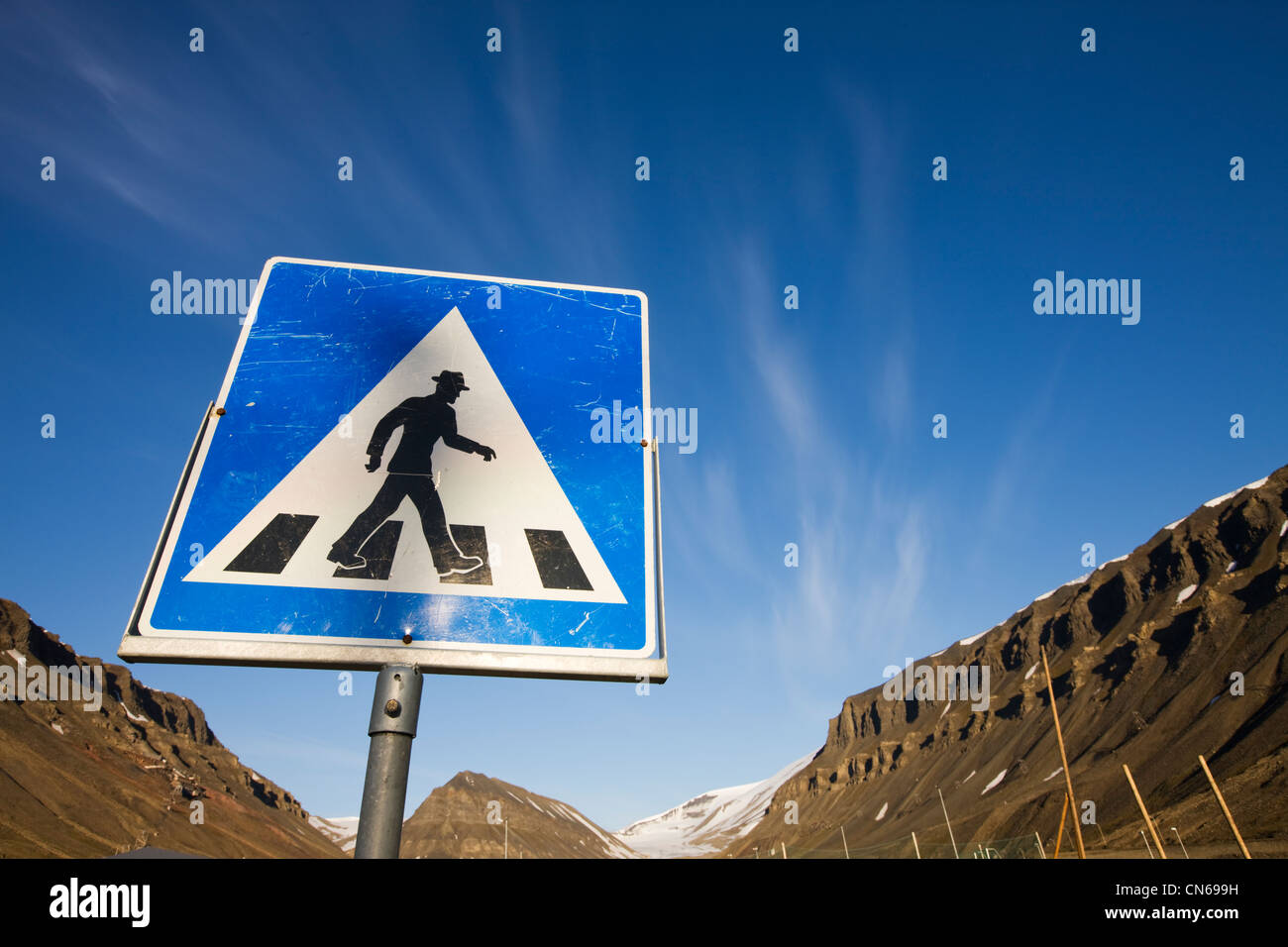 Norway, Svalbard, Longyearbyen, Midnight sun lights Pedestrian Crossing ...
