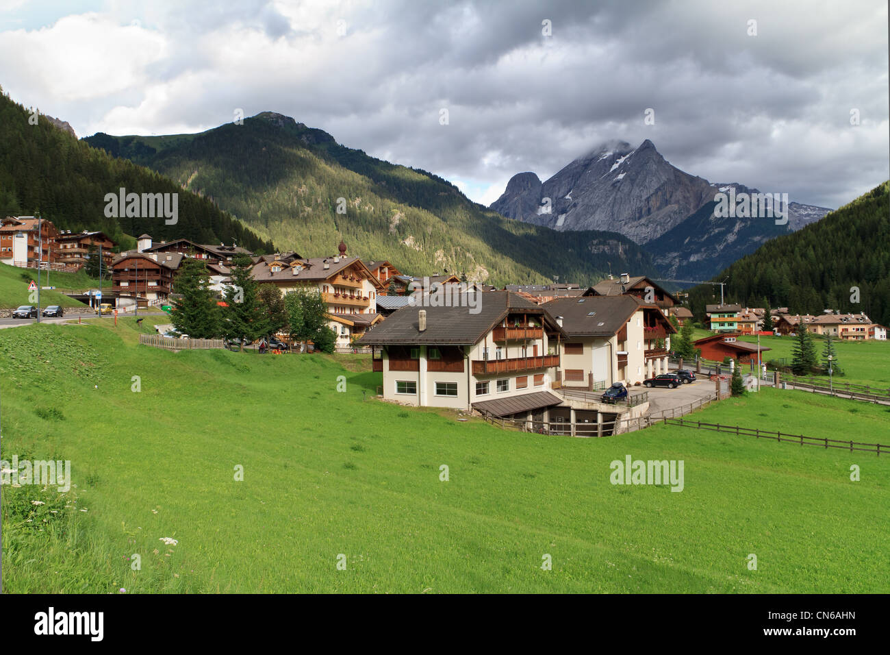 summer view of Fassa valley and Canazei village, Trentino, Italy Stock ...