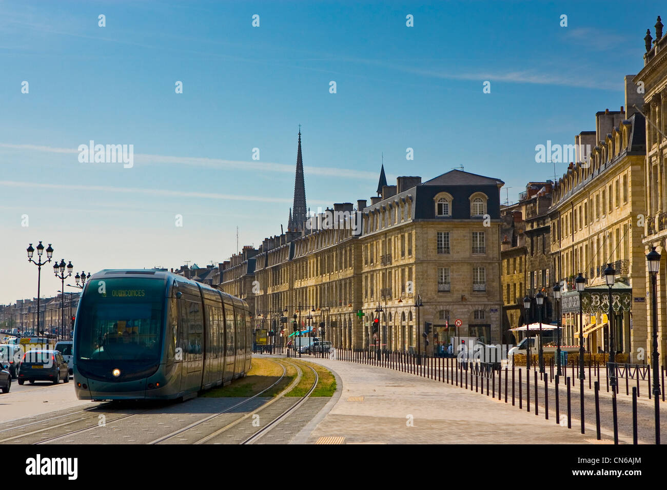 Public transport tram system runs in old Bordeaux, France Stock Photo ...