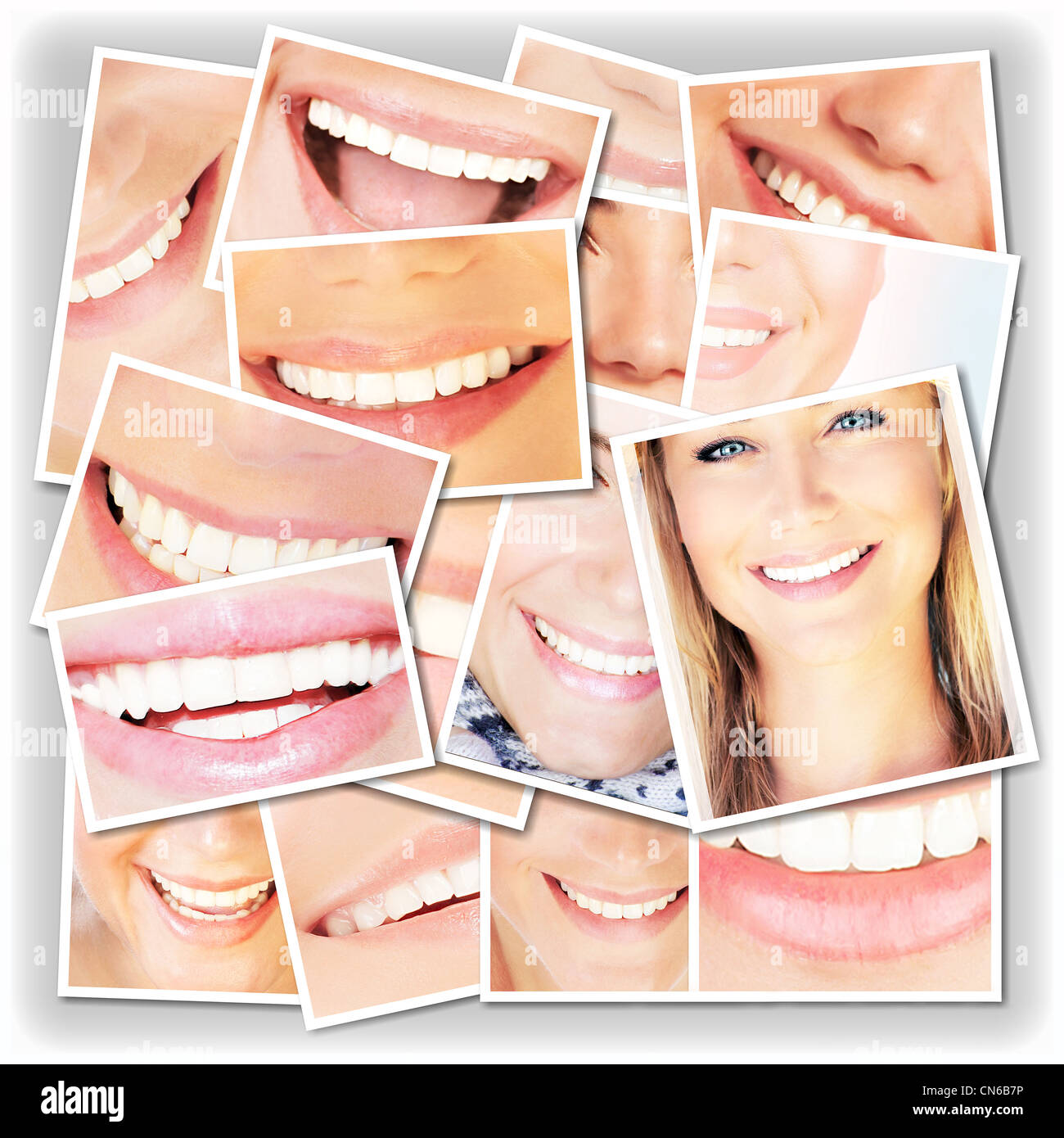 Smiling faces collage, happy young girls laughing, close up on ...